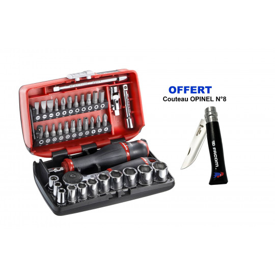 Coffret NANO cliquet + douilles 1/4'' 6 pans + couteau OPINEL FACOM | R2NANO22PF
